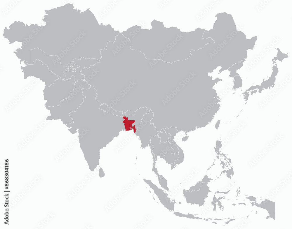 Highlighted red map of BANGLADESH inside grey detailed blank political ...
