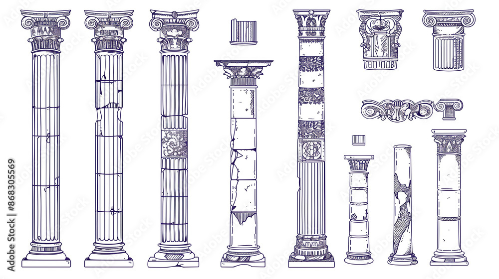 Ancient line columns collection. Antique doodle style roman ...