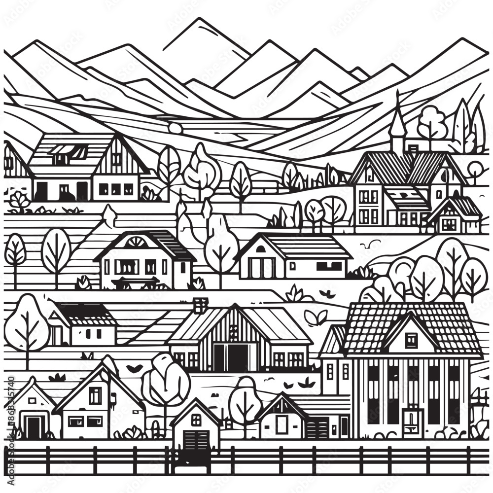 Simple black outline rural village coloring page for children Stock ...