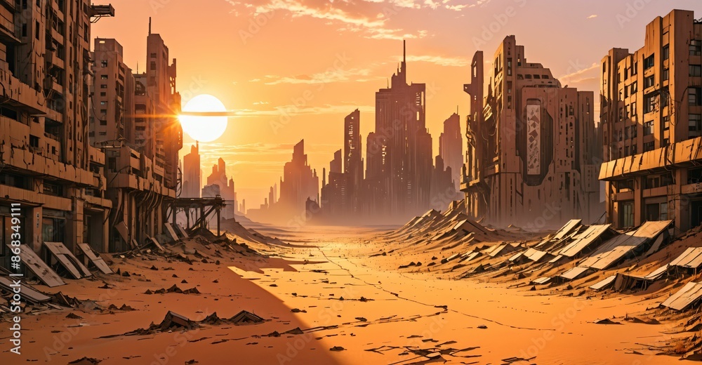 desert sci-fi futuristic wasteland sunset. cyberpunk city ruins ...