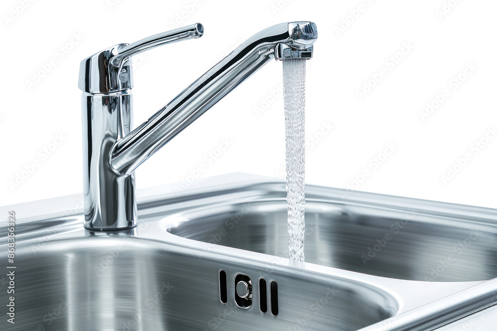 Modern stainless steel kitchen sink with running water, featuring a ...