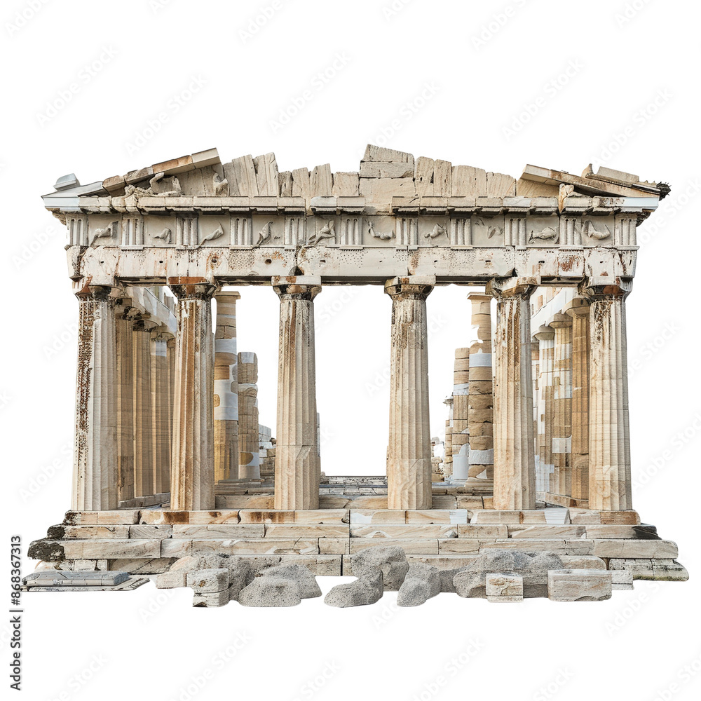 Ancient Greek Parthenon temple ruins, iconic marble pillars with historical significance and ...