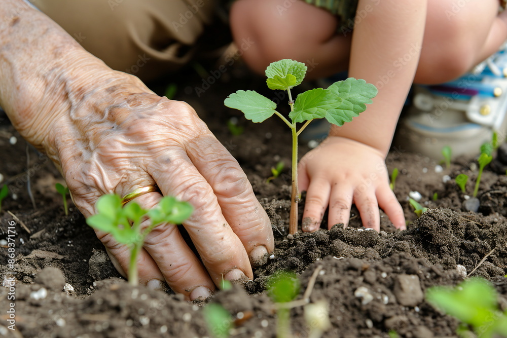 Elderly hand and child's hand planting a seedling together in soil ...