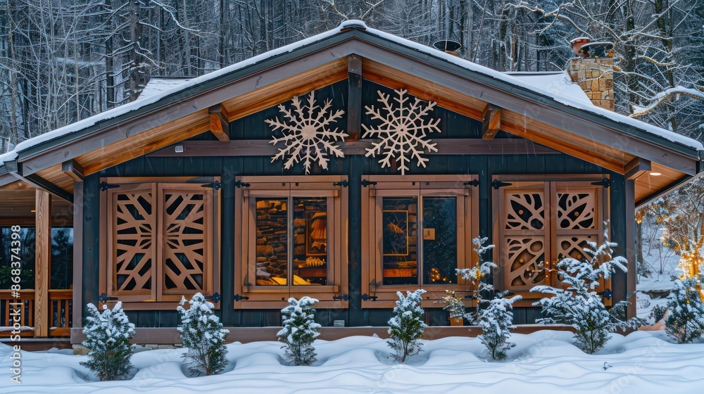 mountain chalet with Bahama shutters that feature a custom snowflake ...