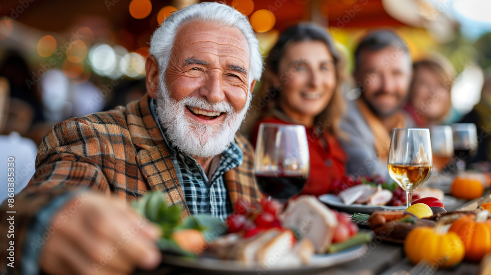 Smiling elderly man having brunch or an early dinner with wine glasses ...