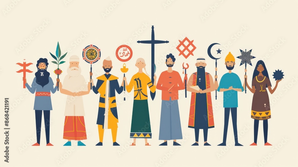 Diverse group of people holding various religious symbols, such as a ...