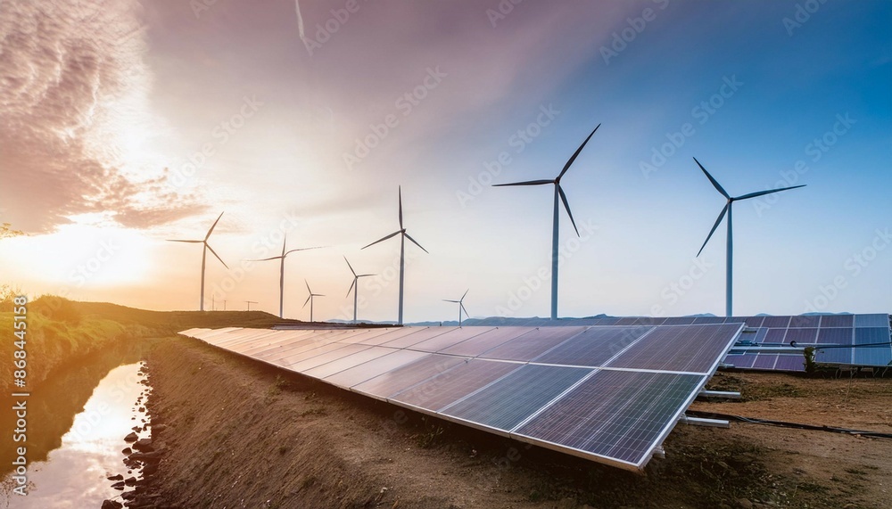 Powering the Future A Striking Photograph of Solar Panels on a Farm with Wind Turbines, an ...