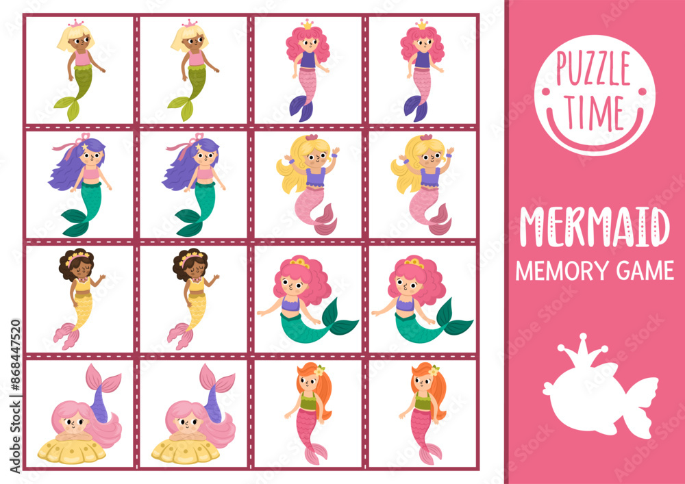 Vector mermaid memory game cards with cute sea princess. Ocean kingdom ...