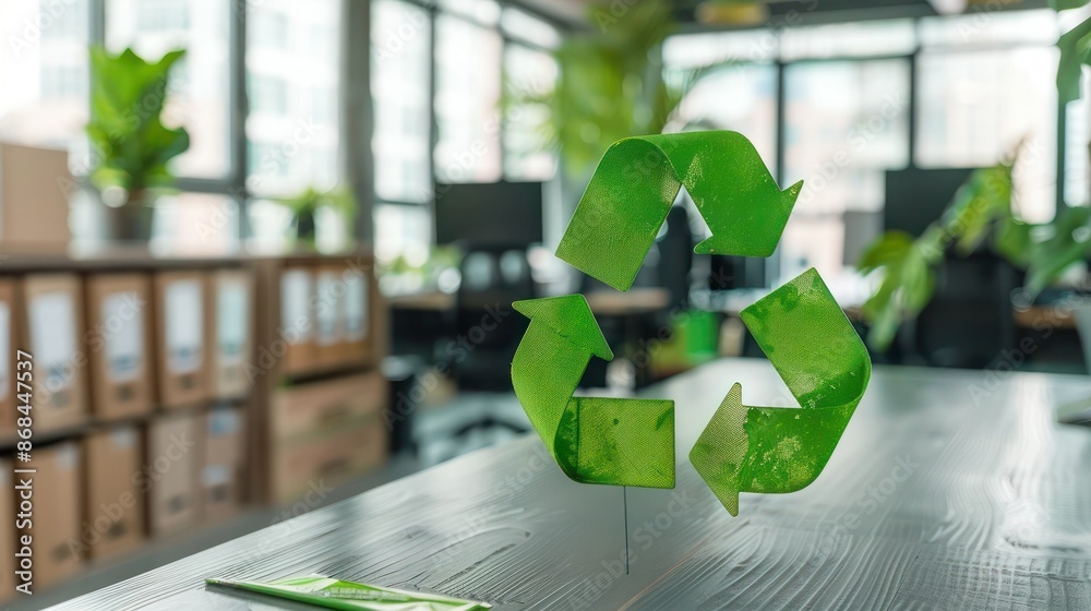 Green recycle symbol icon sign with professional environment background ...