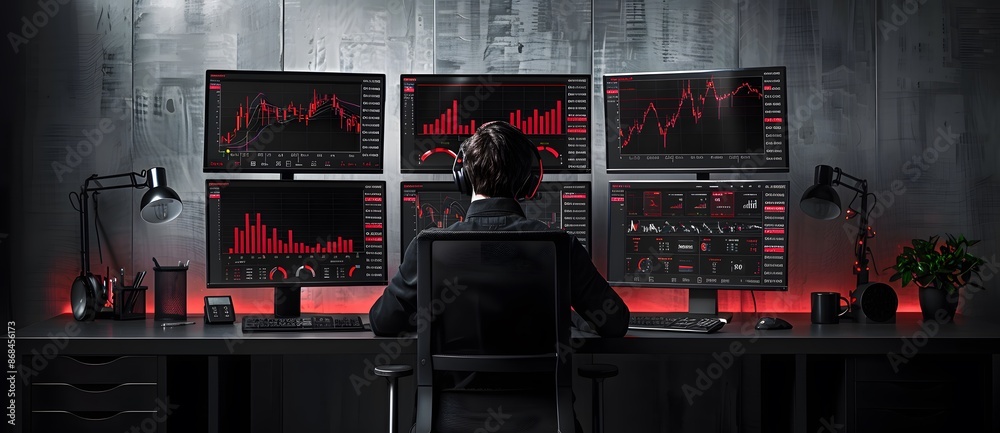 stock exchange desktop with multiple monitors displaying trading charts ...