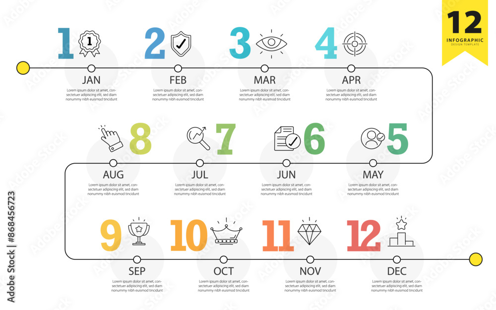 Timeline calendar infographic template. 12 Step timeline journey ...