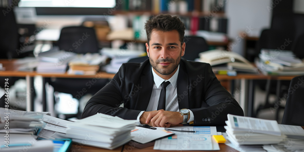 Confident businessman sitting at his desk surrounded by paperwork in a ...