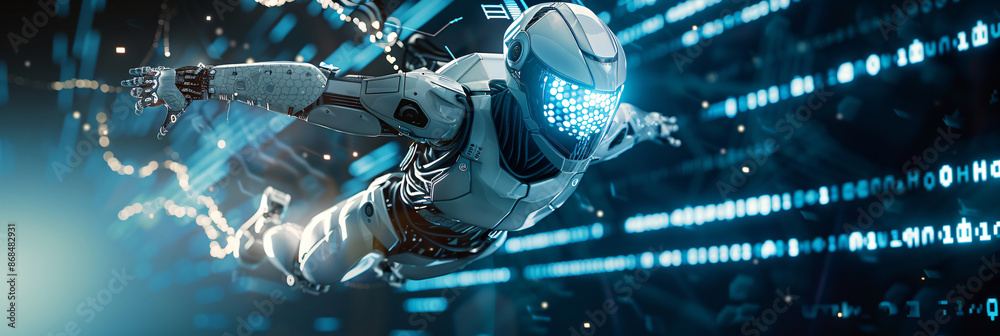 cyborg humanoid robot wearing parachute flying high speed looking at ...