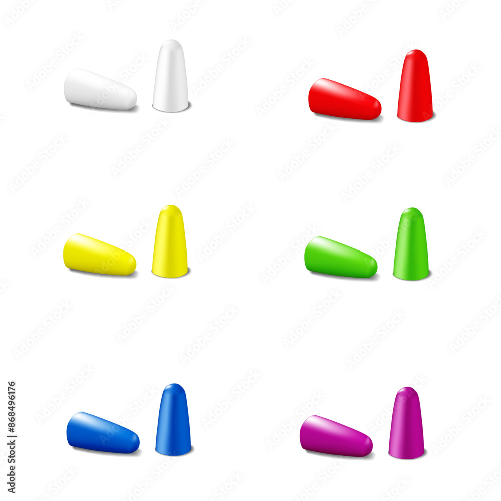 Earplugs. White and color set. Realistic 3d vector mock-up. Ear plugs ...