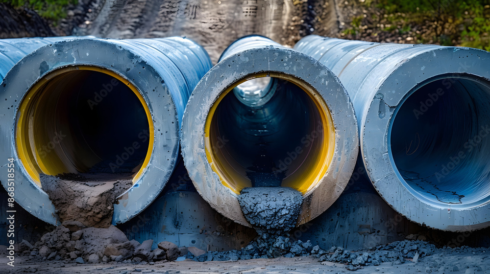 Concrete drainage pipe system installation on road sides for urban ...