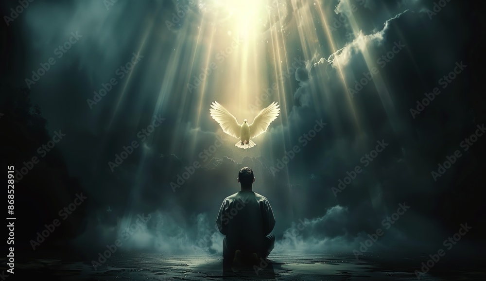 Artistic representation of Pentecost: A radiant white dove symbolizing ...