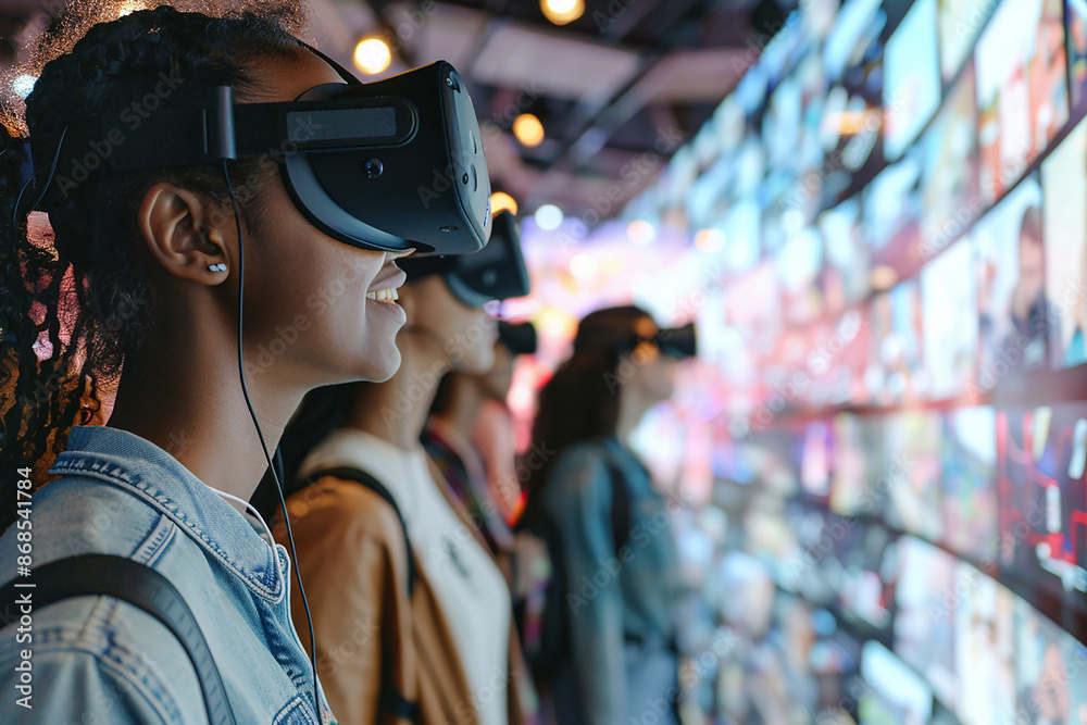 Diverse group of young people immersed in VR activities, large screen ...