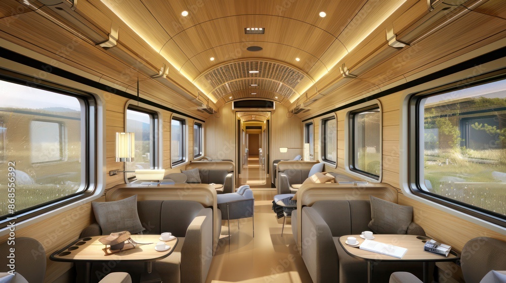 modern train carriage interior with walls and ceilings clad in ...