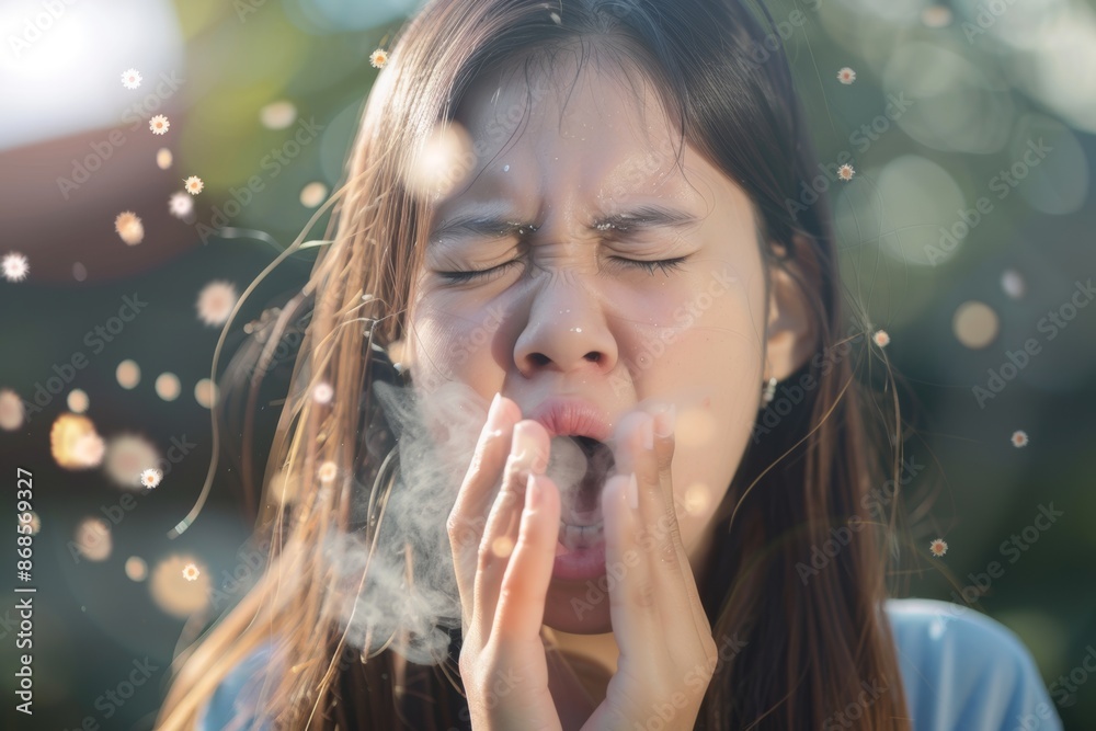 Young asian girl sneezes illustrating spray of small droplets. Asian girl sneezes air tiny ...