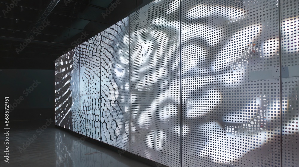 Screen wall made from multi-layered recycled aluminum panels, each ...