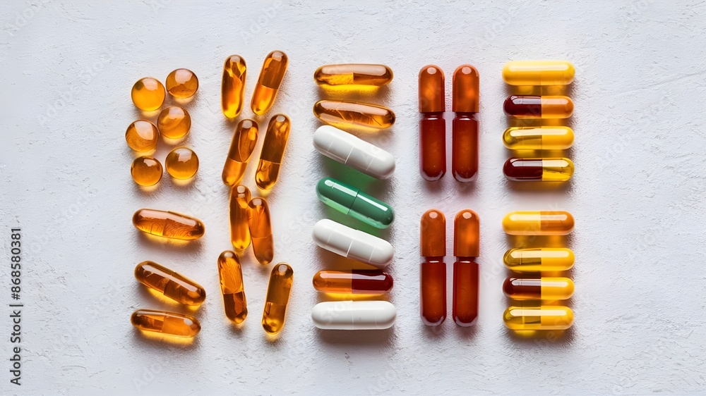 An arrangement of different vitamin capsules and dietary supplements in ...