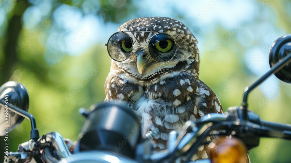 Owl on a motorcycle wears sunglasses. Cool owl wearing sunglasses on a ...