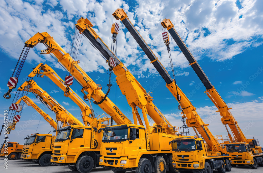 several yellow mobile crane vehicles lined up in an outdoor setting ...