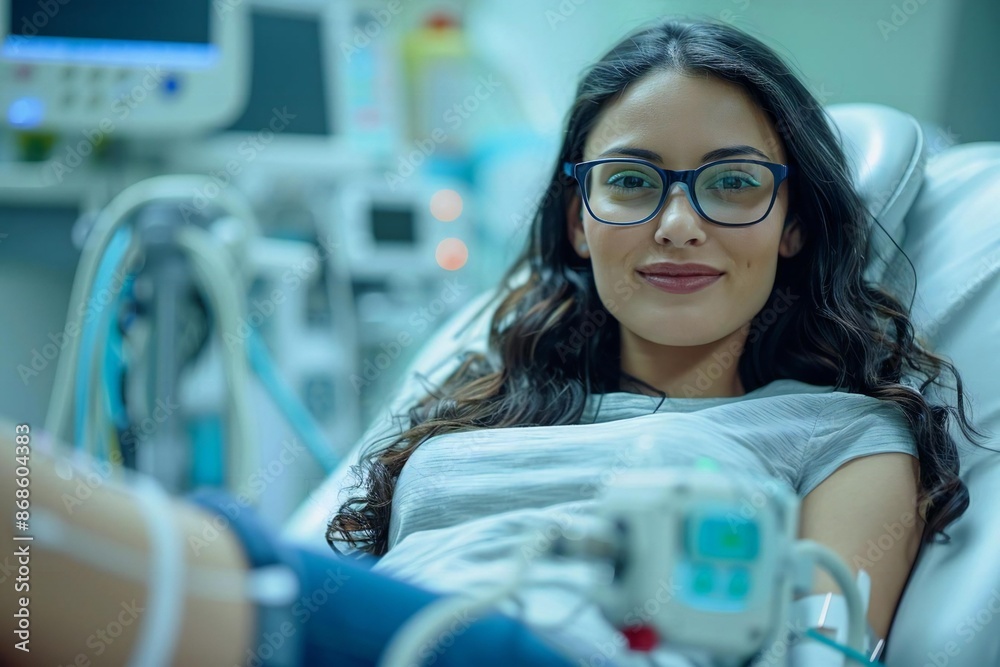 Beautiful woman wearing eyeglasses using an Auto Epinephrine Injector ...