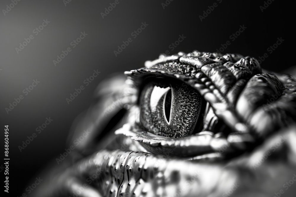 Black and white close-up of an alligator's eye, showcasing intricate details and textures of the ...