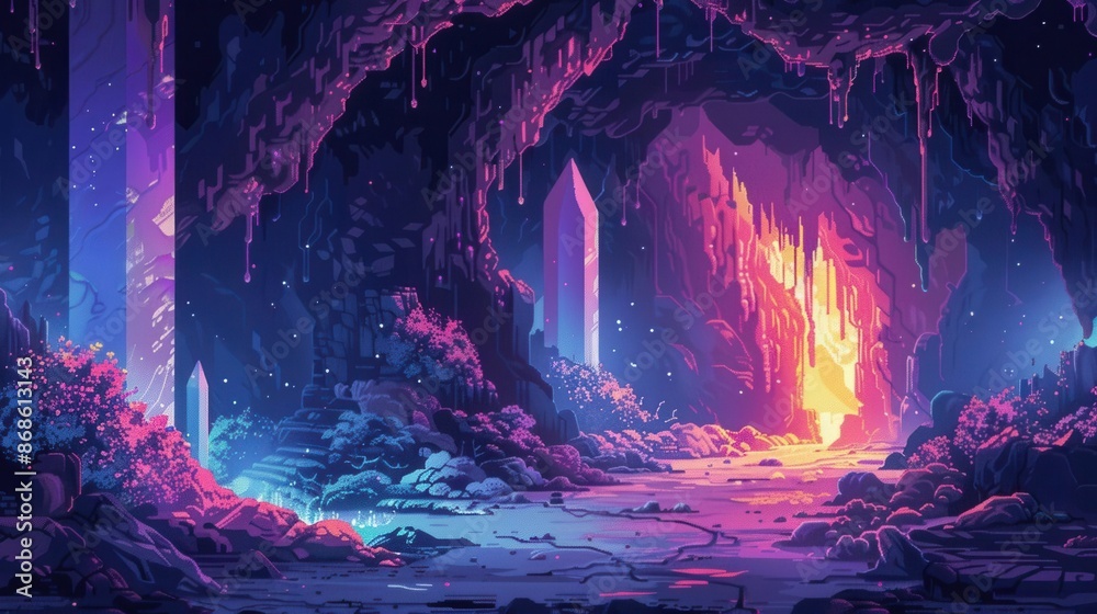 Crystalline caverns flat design side view fantasy theme pixel art ...