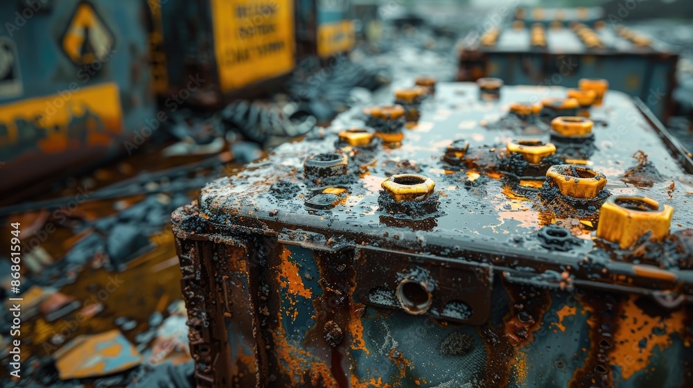 Close-up shot of damaged EV battery cells leaking harmful chemicals ...