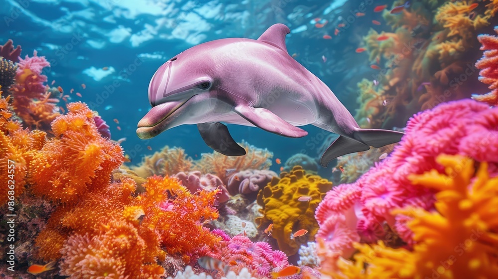 Pink Dolphin Paradise A pink dolphin, its form elegant and joyful ...