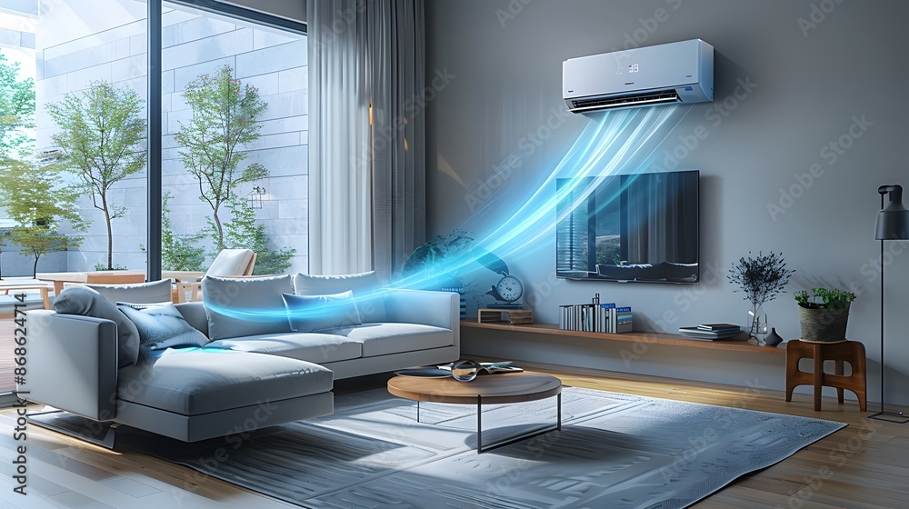 Inviting air-conditioned living room with visible cool air, An Air ...