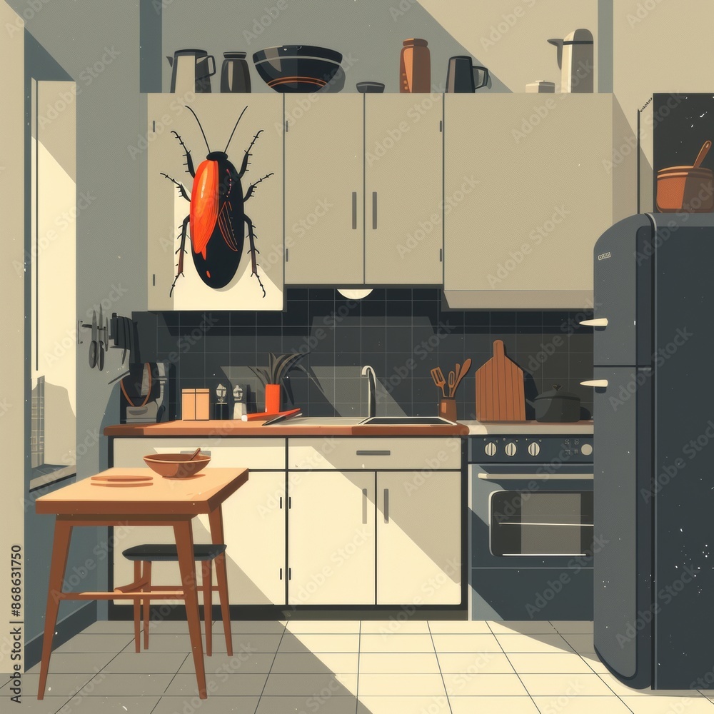Creepy Giant Cockroach Invading Horror-Themed Kitchen - Flat Design ...