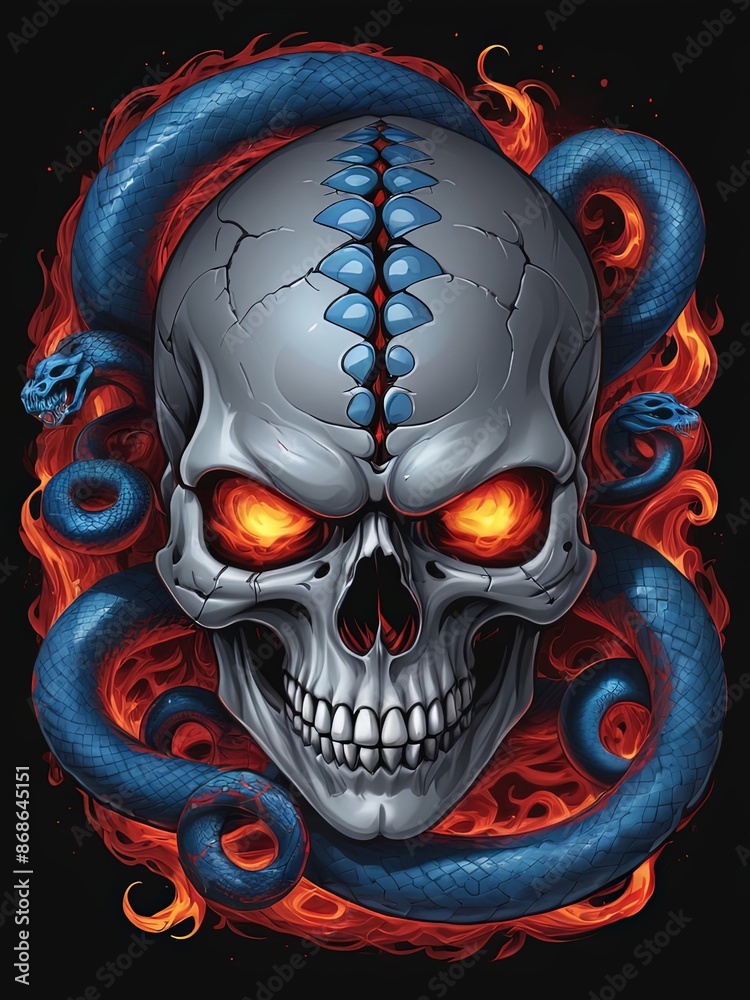 Detailed Illustration Design of a Skull Head with Snake Coils. Designs ...
