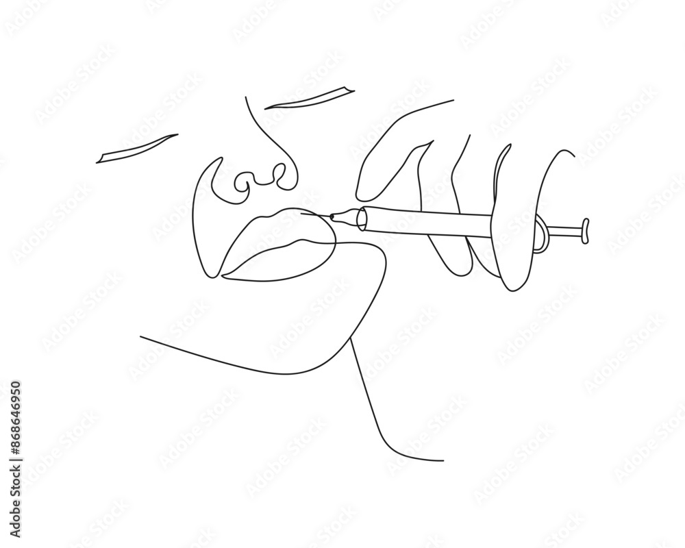 Continuous one line drawing of hand holding syringe -lips injection ...