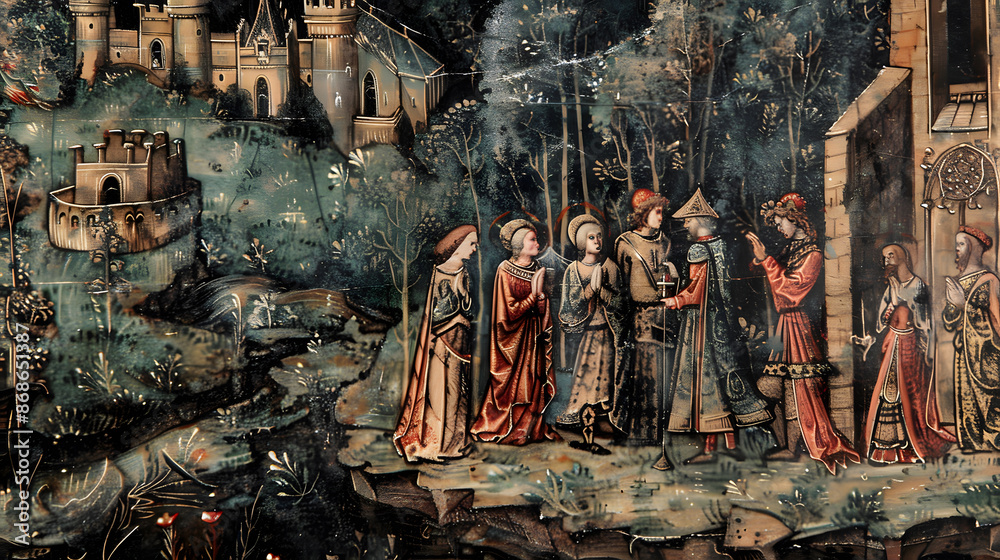Medieval style colorful wall and manuscript illustrations of middle ...