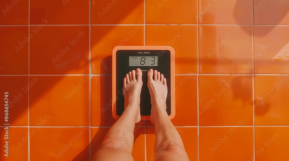Person standing on digital scale displaying body weight in kilograms ...