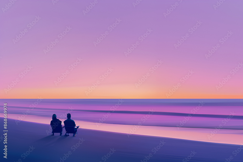 Seascape with two people on a beach watching the sunset. Horizontal ...