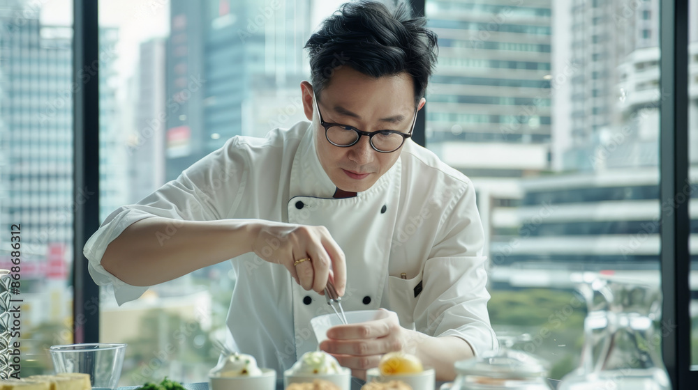 Realistic photo of head chef working professionally in modern kitchen ...