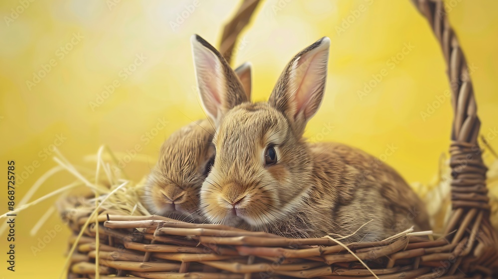 Little rabbit and curious baby bunny relaxing on a basket in a saffron ...