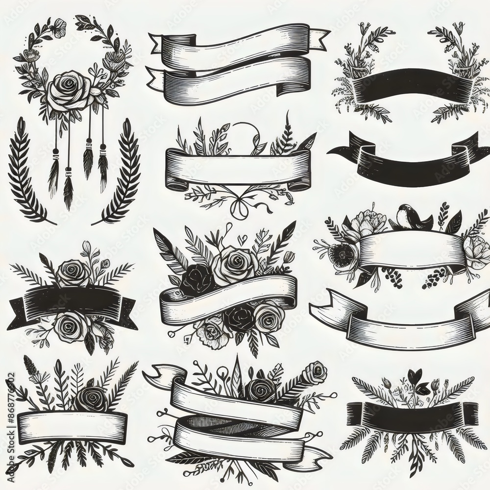 Banners Clipart Vintage Banners Rustic Boho Wedding Clipart, black and ...