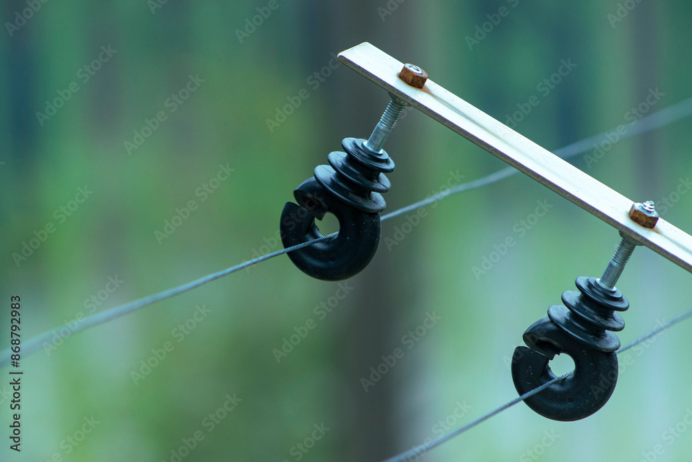 Detail of an electric fence with insulators and thin wires. Used to ...