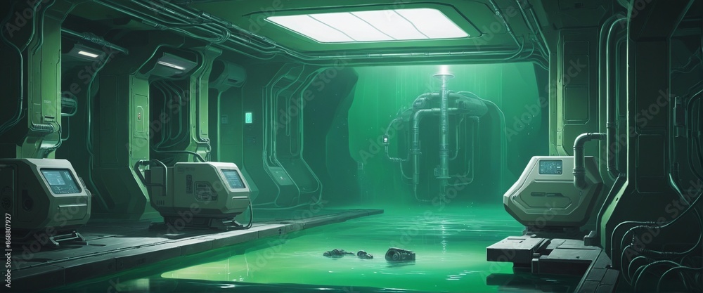 Digitally designed futuristic underwater lab featuring alien technology ...