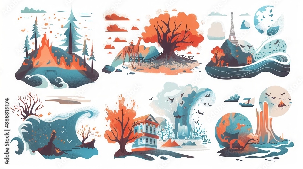Cartoon illustration set showing natural disasters like forest fire ...