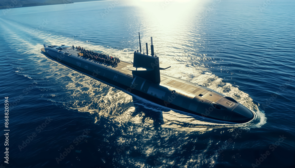 Submarine on the Surface. Modern Military Submarine Navigates the Open ...