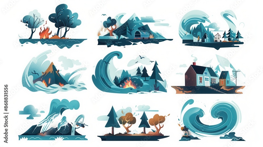 9 flat cartoon illustrations show natural disasters like hurricanes ...