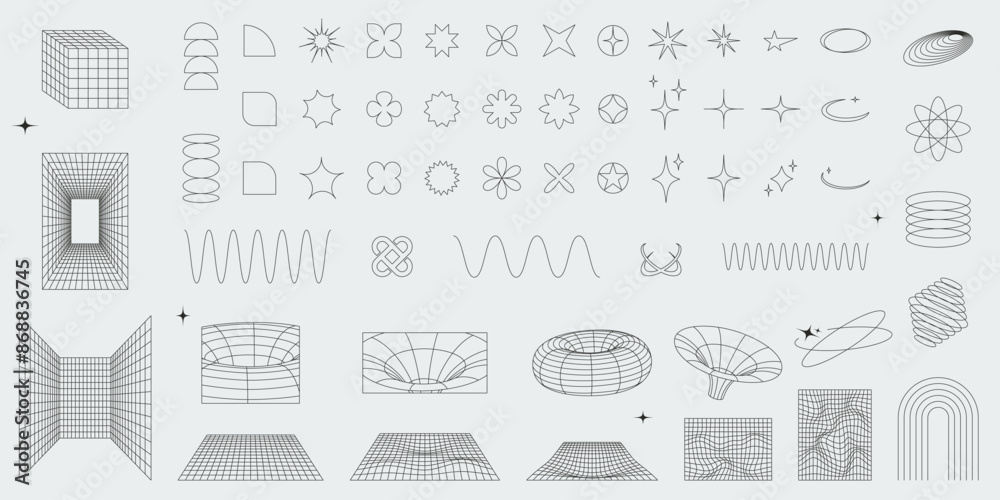 Abstract geometric shapes, wireframes and grids big set. Brutalist style outline figures ...