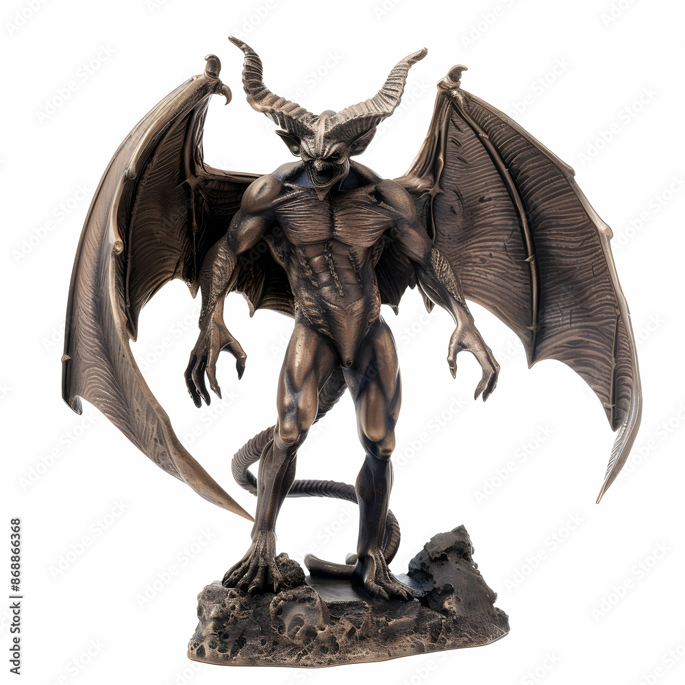 Dark fantasy demon figurine with wings and horns, standing on a rocky ...