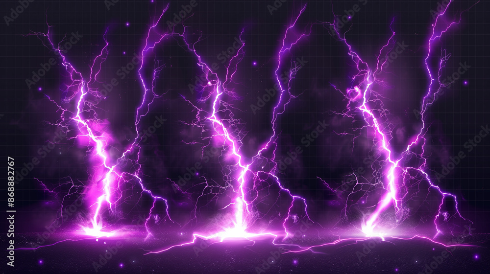 Lightnings, purple thunderbolt strikes at night. Electric impact ...